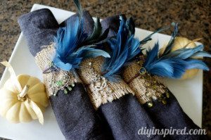 Repurposed Earring Burlap and Feather Napkin Rings - DIY Inspired